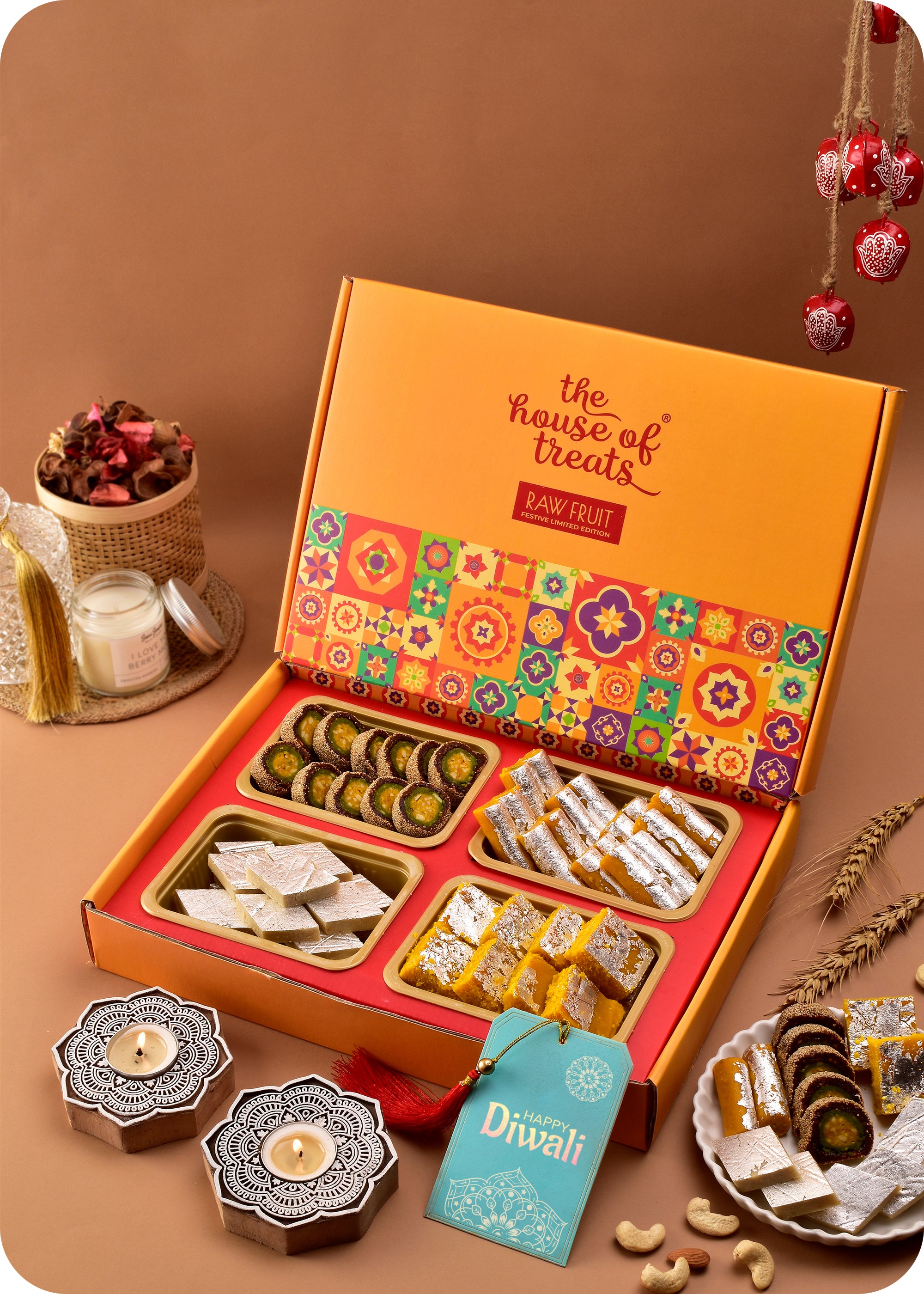 Festive Diwali Hamper: Pack of 4 Sweets with Decor Candle Stand – RawFruit®